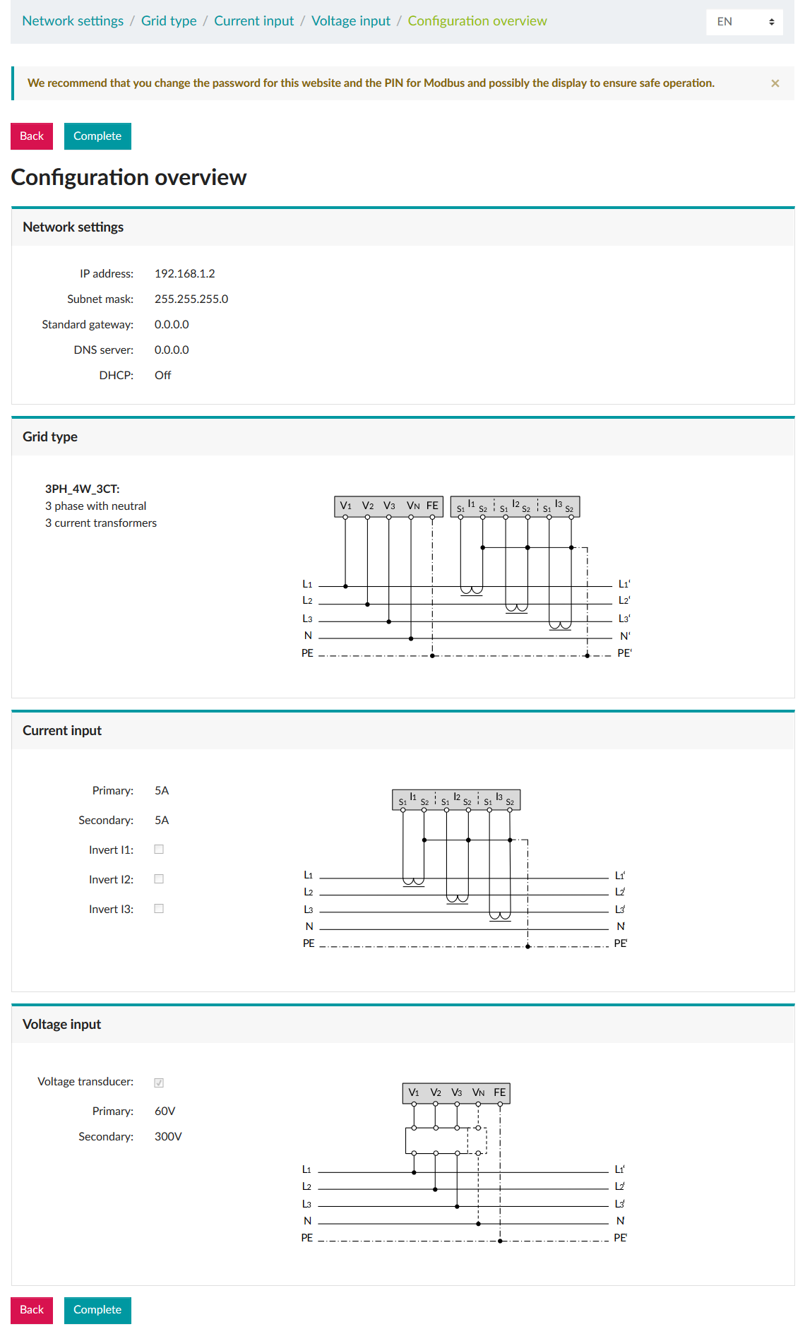 Basic device configuration with current transformer via the web server