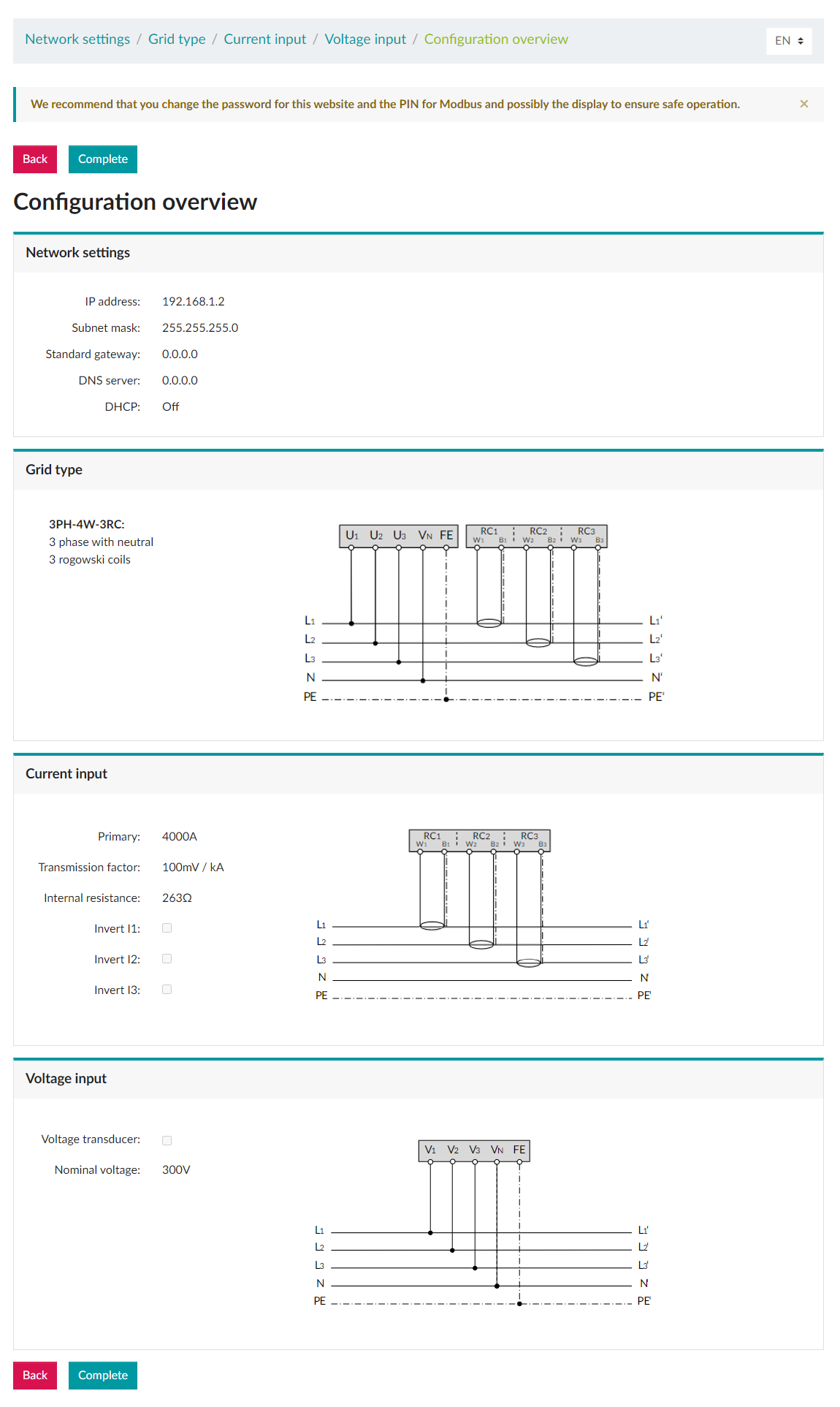 Basic device configuration with Rogowski coil via the web server