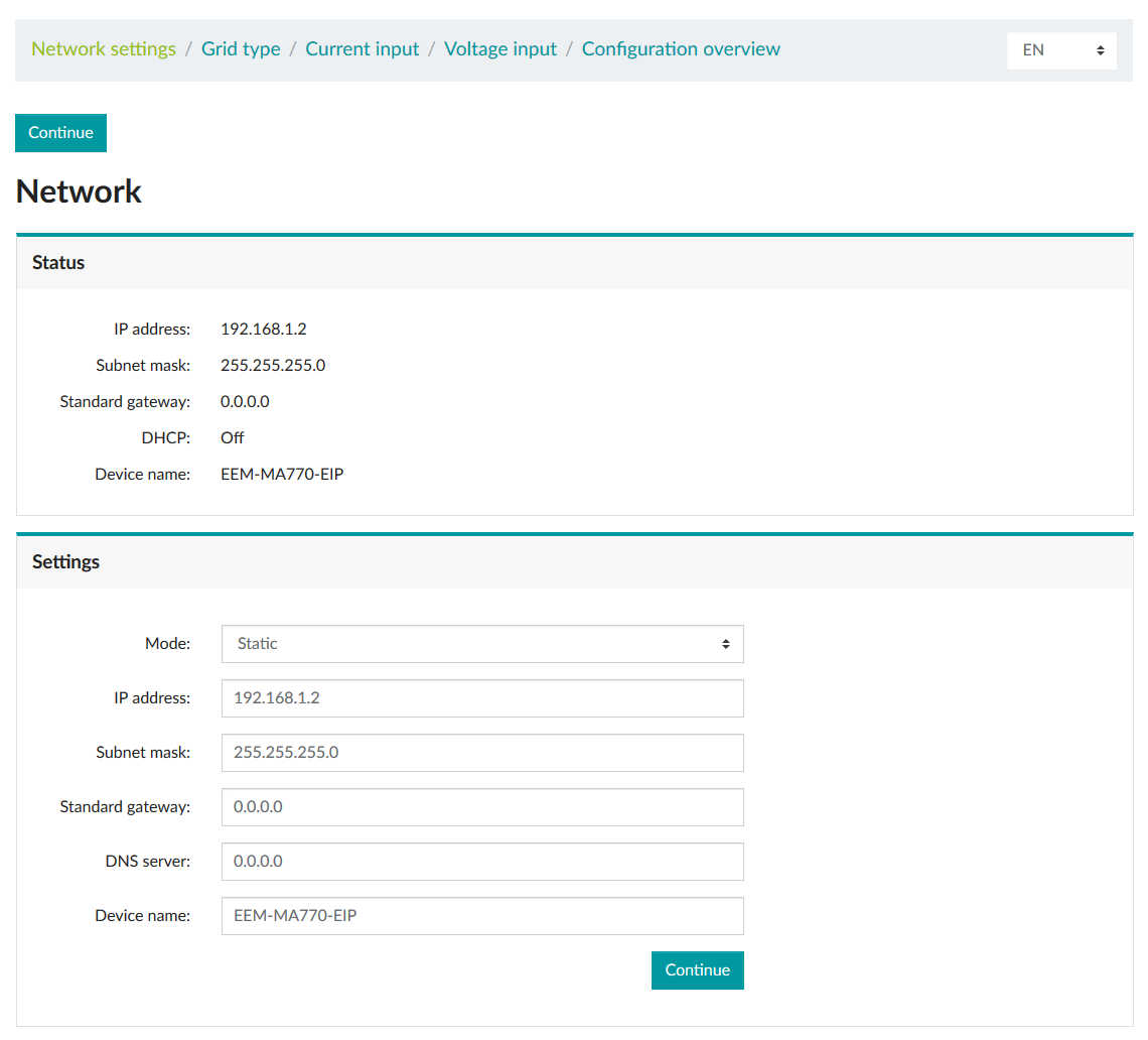 Basic device configuration with current transformer via the web server